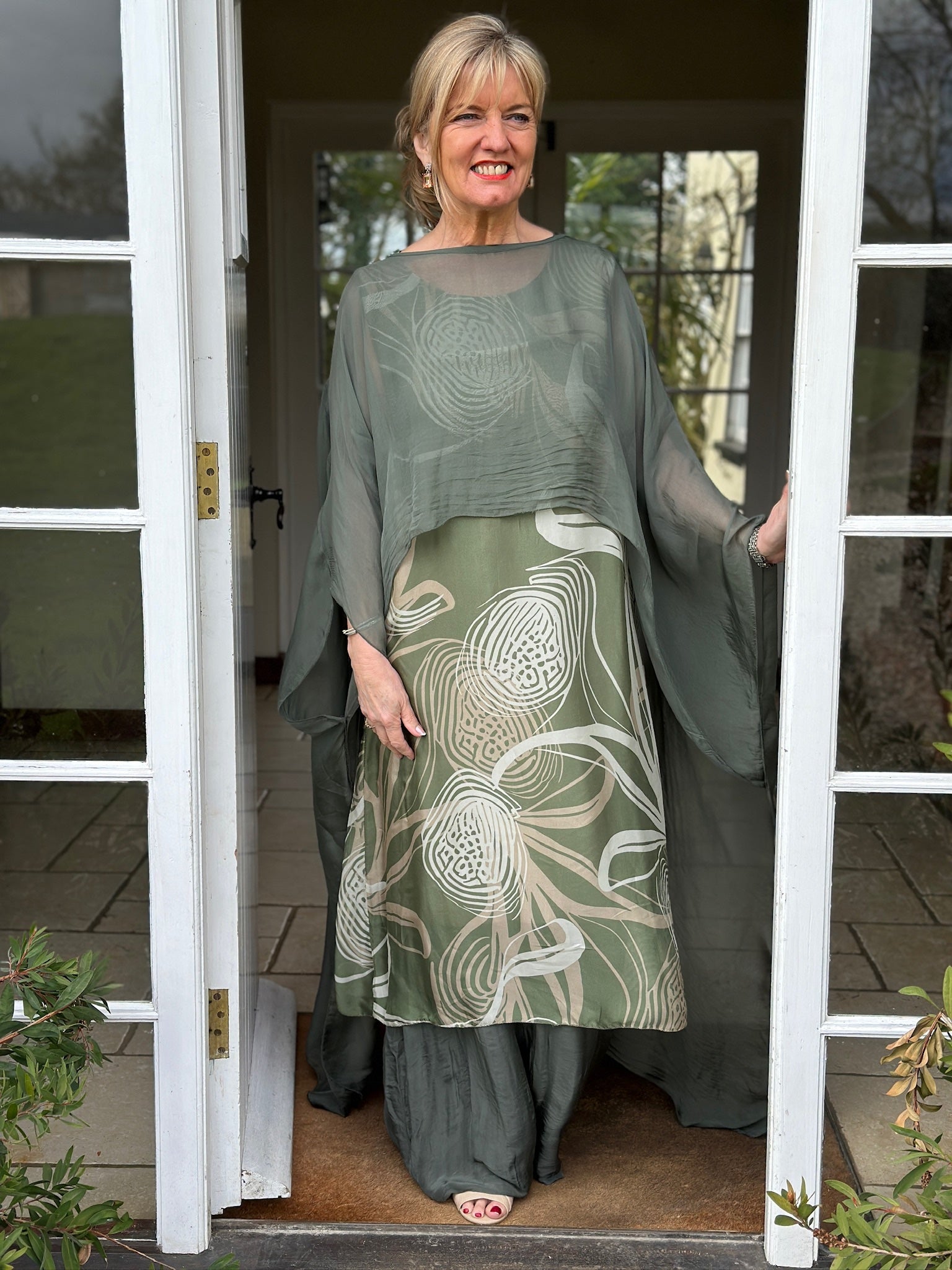 Sofia Silk-Blend Overlay Dress | Khaki – Mandy's Heaven