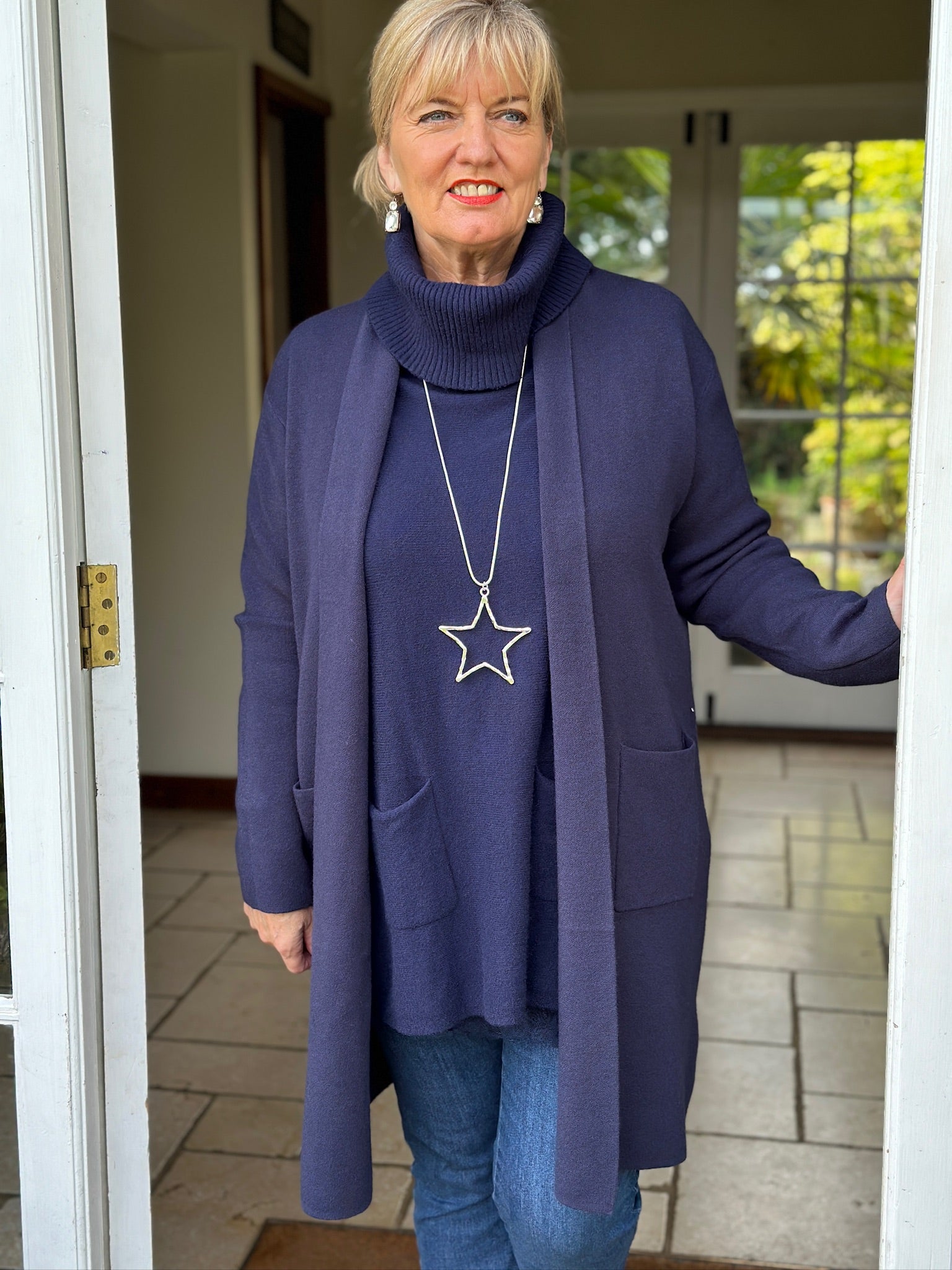 Long navy cardigan with pockets store